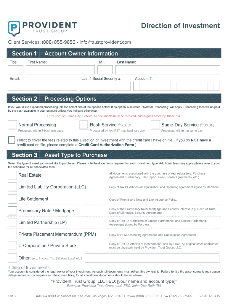 Fillable Online Direction of Investment - Provident Trust Group Fax ...