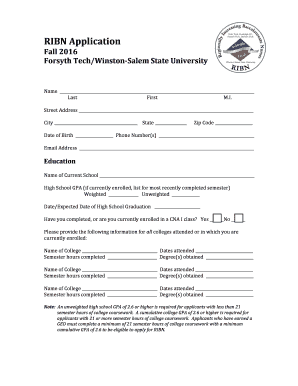 Fillable Online forsythtech Fall 2016 RIBN Application - Forsyth Tech ...