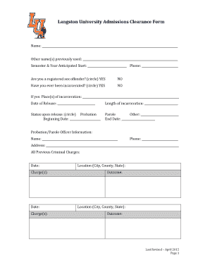 Fillable Online langston Langston University Admissions Clearance Form ...