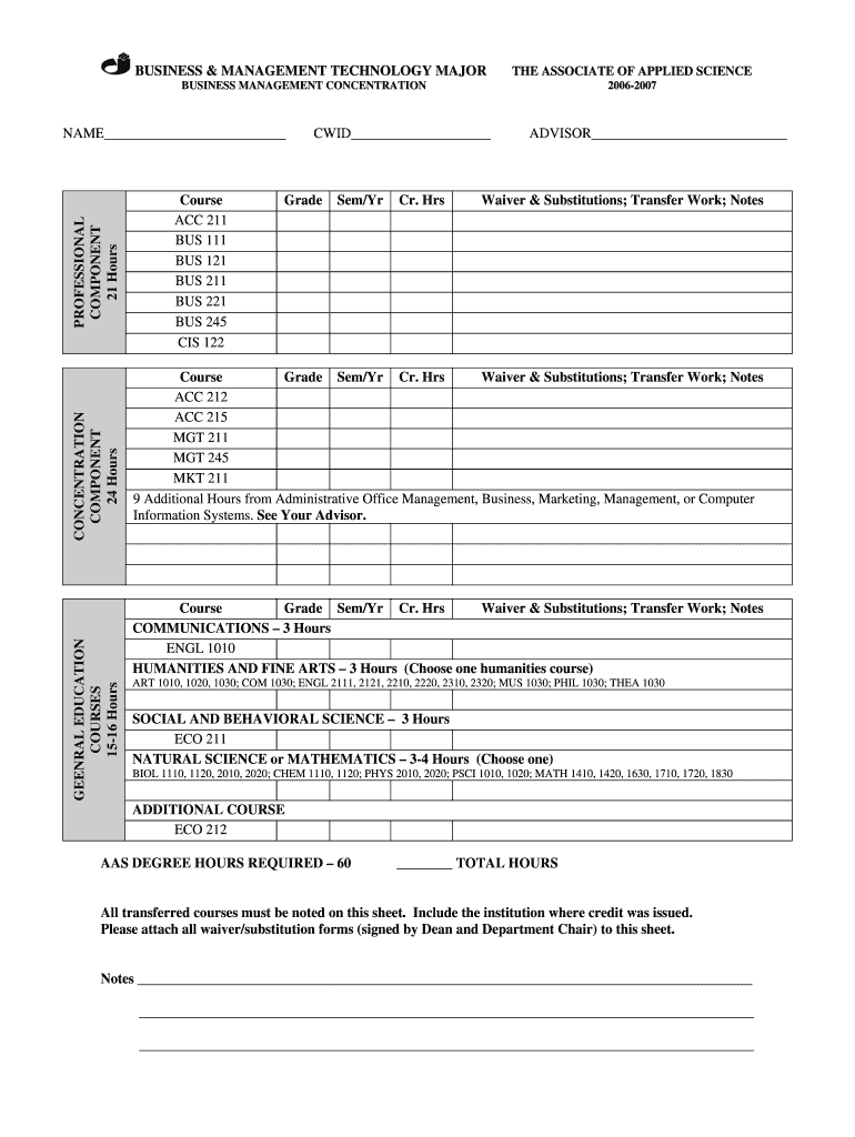 Fillable Online jscc BUSINESS MANAGEMENT TECHNOLOGY MAJOR THE ASSOCIATE ...