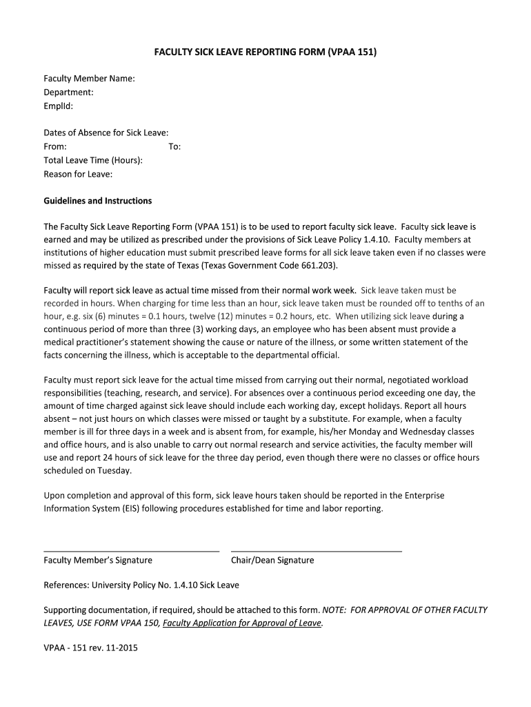 Fillable Online music unt FACULTY SICK LEAVE REPORTING FORM VPAA 151 ...