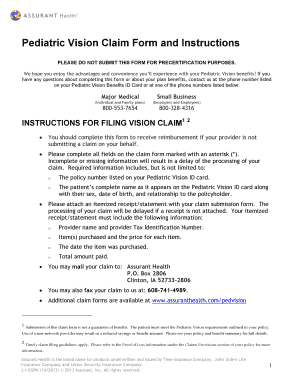 Fillable Online Pediatric Vision Claim Form and Instructions - Assurant ...