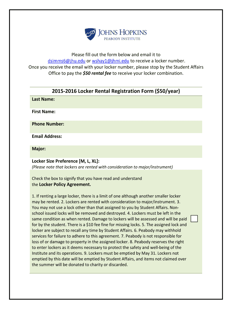 Fillable Online peabody jhu 2015-2016 Locker Rental Registration Form ...