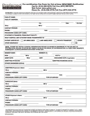 Fillable Online Pre-certification Fax Form for Out-of-Area INPATIENT ...
