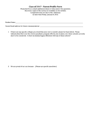Fillable Online Class of 2017 - Parent Profile Form Fax Email Print ...