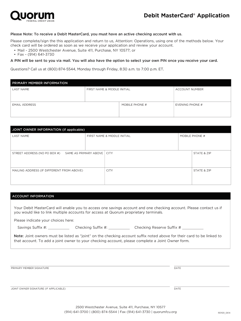 Fillable Online quorumfcu Debit MasterCard Application - quorumfcuorg ...