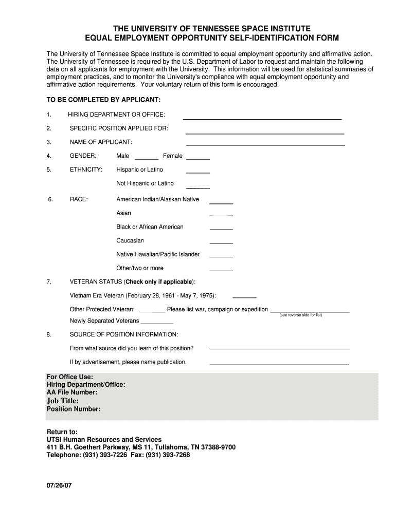 Fillable Online personnel utsi EQUAL EMPLOYMENT OPPORTUNITY SELFIDENTIFICATION FORM Fax Email ...