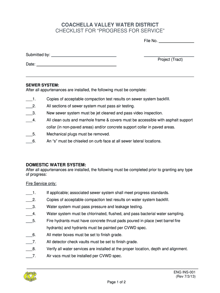 Fillable Online cvwd COACHELLA VALLEY WATER DISTRICT CHECKLIST FOR ...