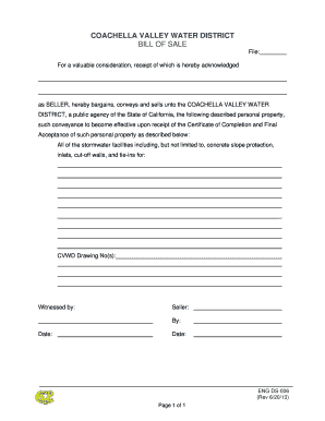 Fillable Online web cvwd COACHELLA VALLEY WATER DISTRICT BILL OF SALE ...