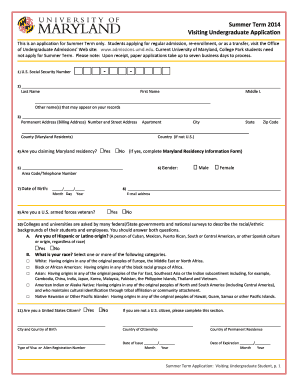 Fillable Online oes umd Summer Term 2014 Visiting Undergraduate ...