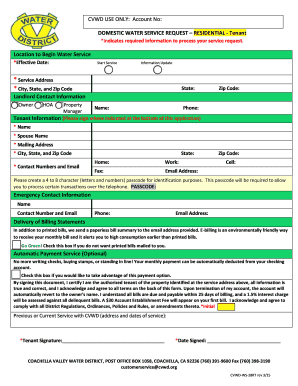 Fillable Online web cvwd DOMESTIC WATER SERVICE REQUEST RESIDENTIAL Fax ...
