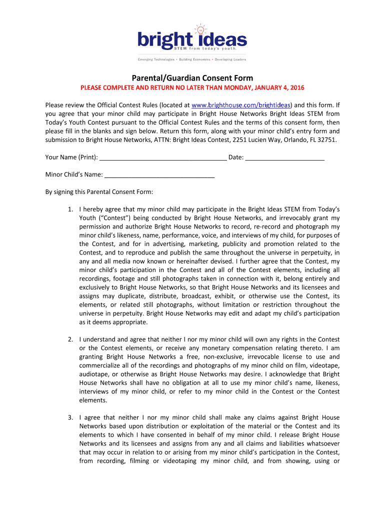 Fillable Online ParentalGuardian Consent Form - Bright House Bright ...