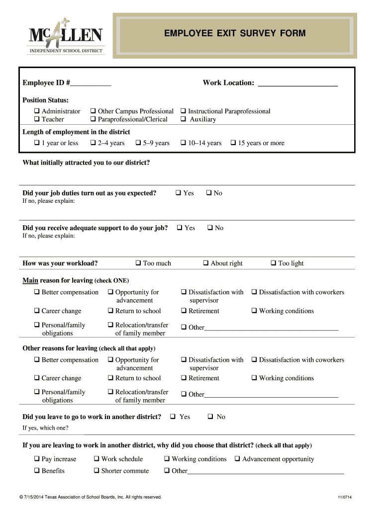 Fillable Online EMPLOYEE EXIT SURVEY FORM - Mcallen District Office Fax ...