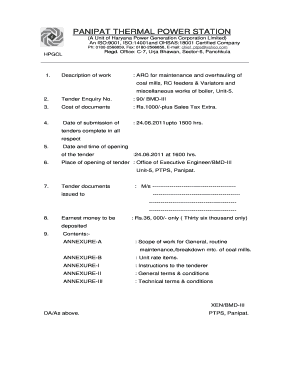 Fillable Online hpgcl gov PANIPAT THERMAL POWER STATION (A Unit of Haryana Power Generation ...