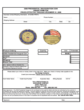 Fillable Online Presidential Coin Order Form - Sun Badge Company Fax ...