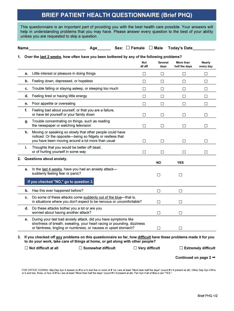 Fillable Online BRIEF PATIENT HEALTH QUESTIONNAIRE (Brief PHQ) Fax ...