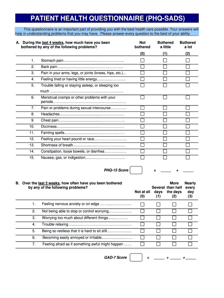 Fillable Online PATIENT HEALTH QUESTIONNAIRE (PHQ-SADS) Fax Email Print ...