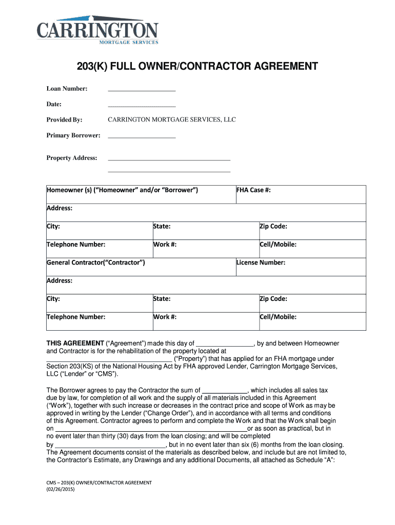 Fillable Online 203K FULL OWNERCONTRACTOR AGREEMENT Fax Email Print ...