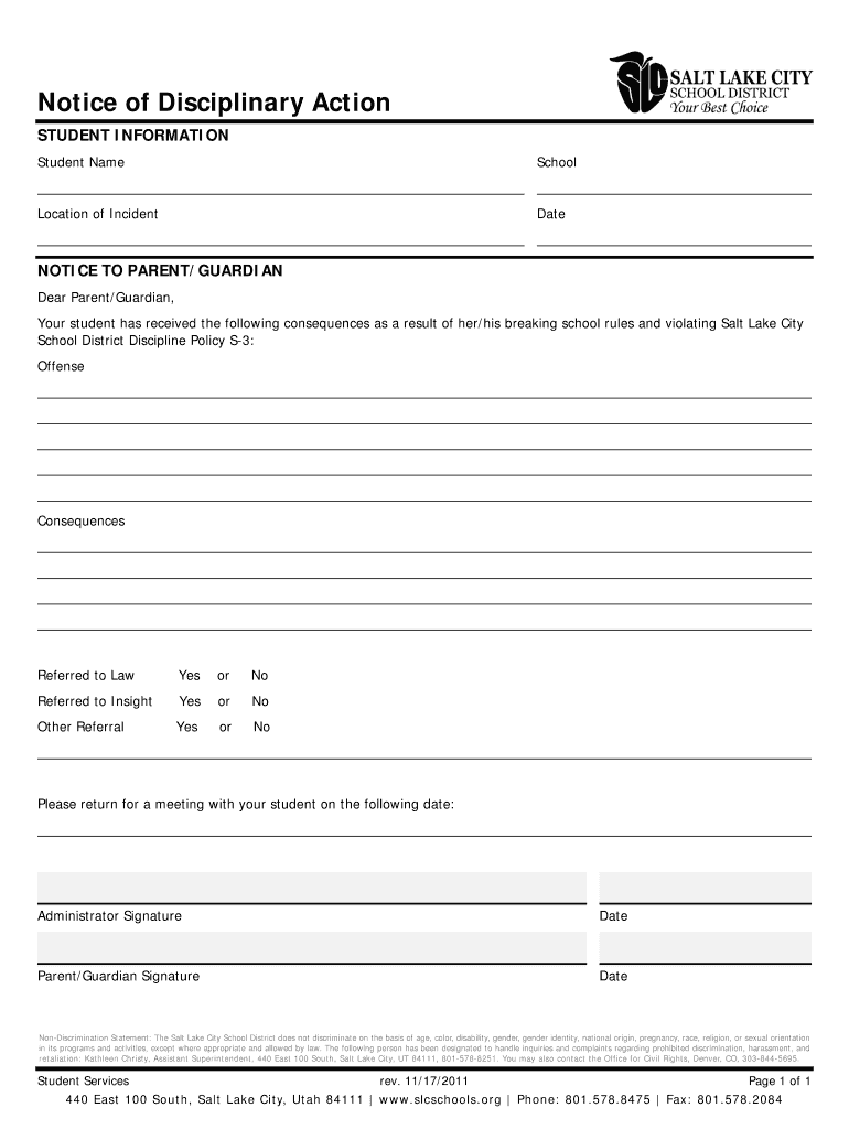 Fillable Online slcschools Notice of Disciplinary Action - Salt Lake City School District Fax ...