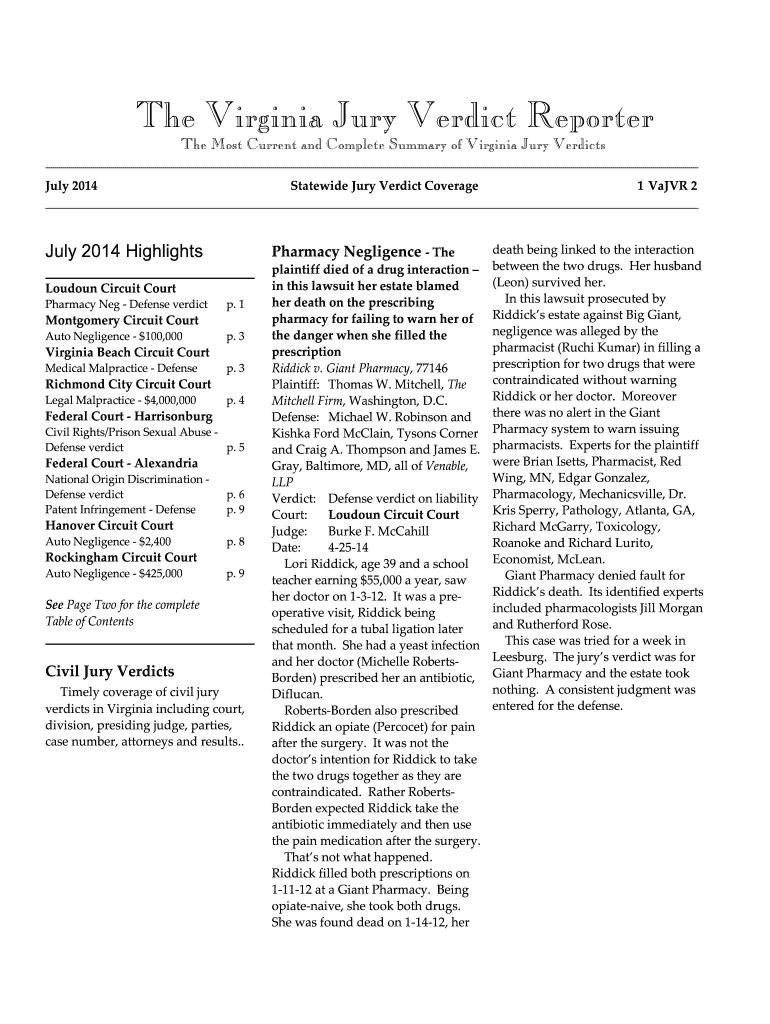 Fillable Online site juryverdicts The Virginia Jury Verdict Reporter ...