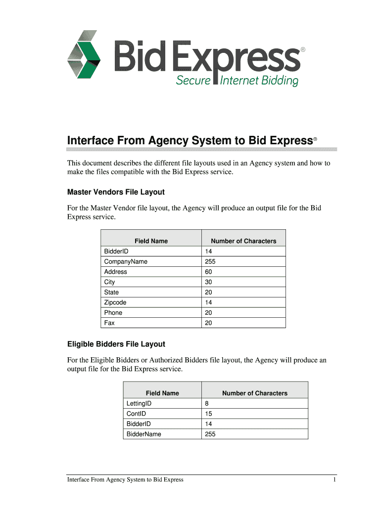 Fillable Online Interface From Agency System to Bid Express Fax Email ...