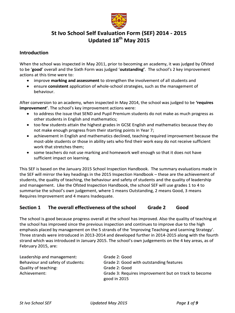 Fillable Online St Ivo School Self Evaluation Form SEF 2014 2015 Fax 