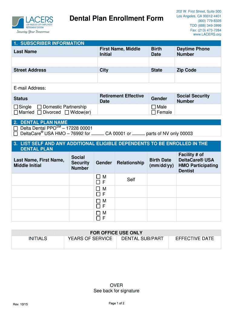 Fillable Online lacers Dental Form 2016 - LACERS Fax Email Print ...