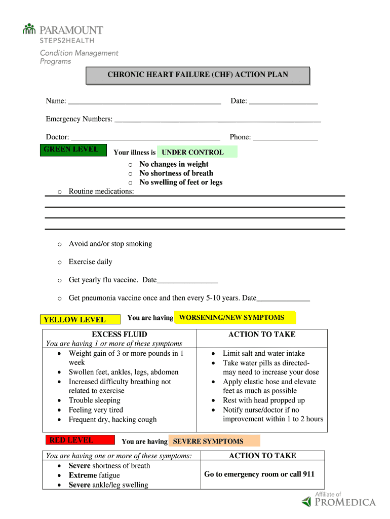 Fillable Online CHRONIC HEART FAILURE CHF ACTION PLAN GREEN LEVEL Your ...
