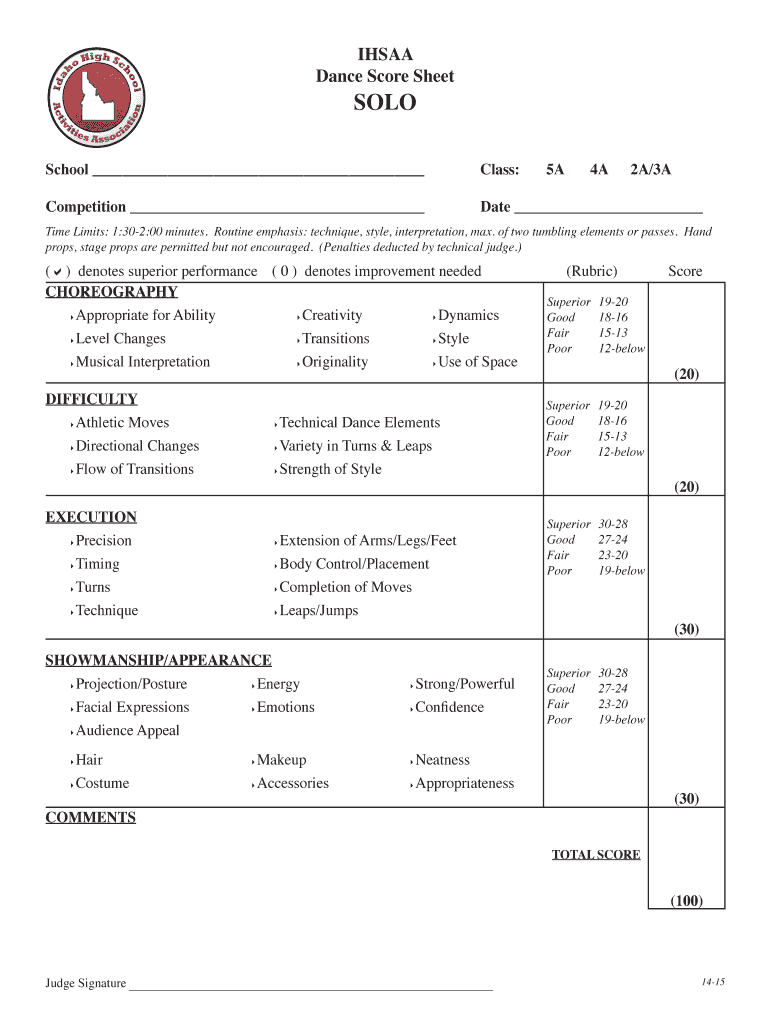 Fillable Online idhsaa Dance Score Sheet SOLO - Idaho High School ...