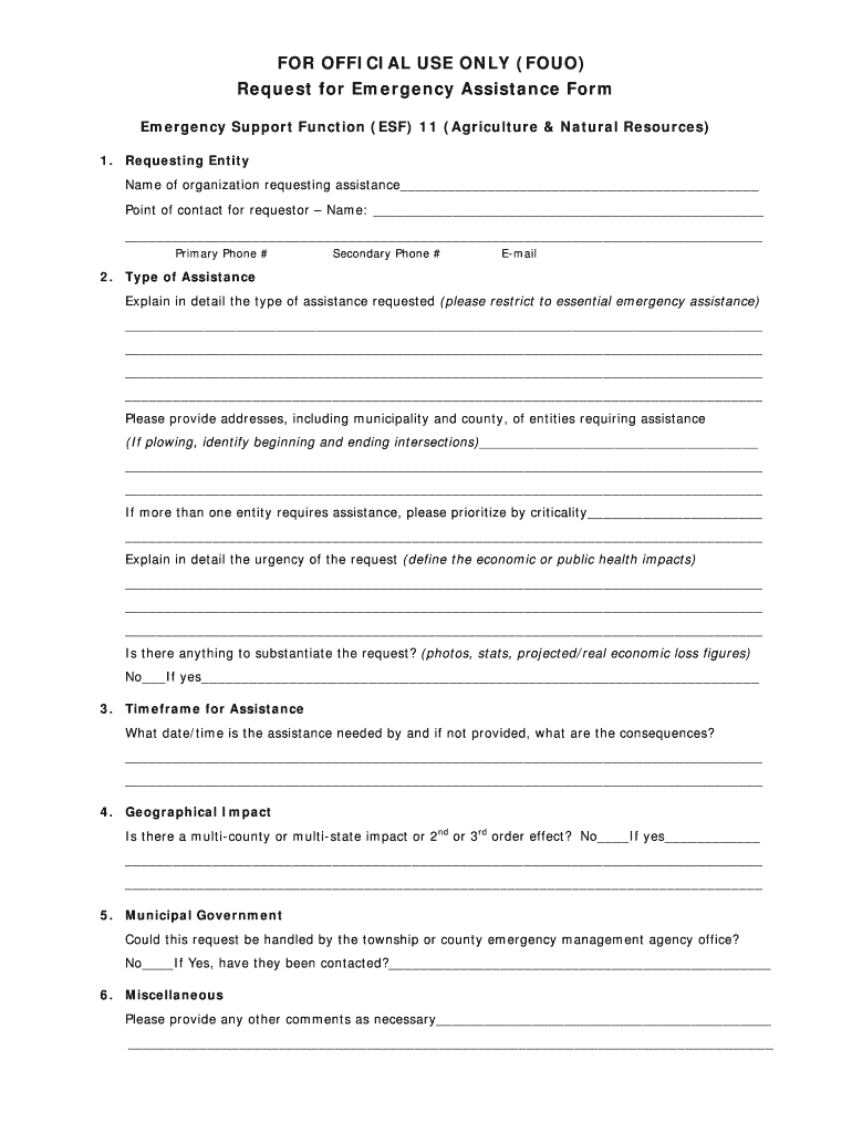 Fillable Online pfma FOR OFFICIAL USE ONLY FOUO Request for Emergency ...