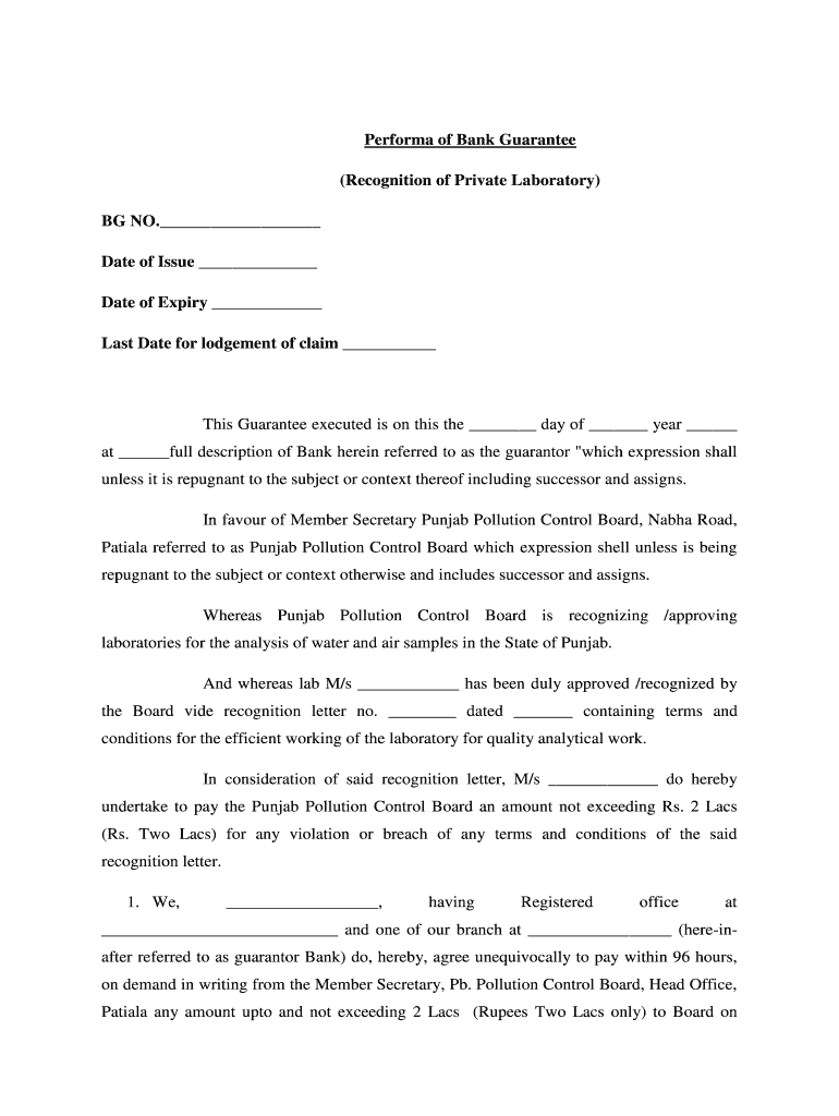 Fillable Online ppcb gov Performa of Bank Guarantee Recognition of ...