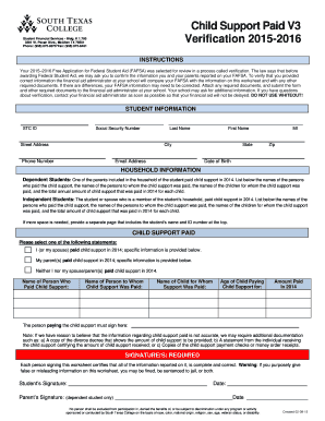Fillable Online studentservices southtexascollege Child Support Paid V3 Verification 2015-2016 ...