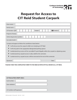 Fillable Online Request for Access to CIT Reid Student Carpark Fax ...