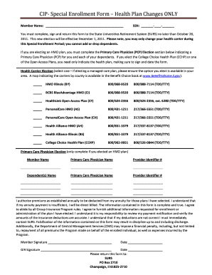 Fillable Online surs CIP- Special Enrollment Form Health Plan Changes ...