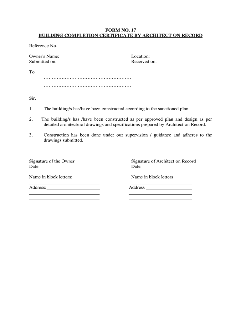 Fillable Online FORM NO 17 BUILDING COMPLETION CERTIFICATE BY ARCHITECT ...