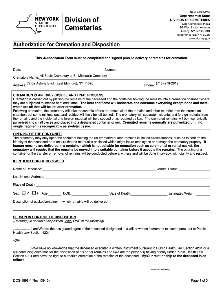 Fillable Online Wwwdosnygov Authorization for Cremation and Disposition ...