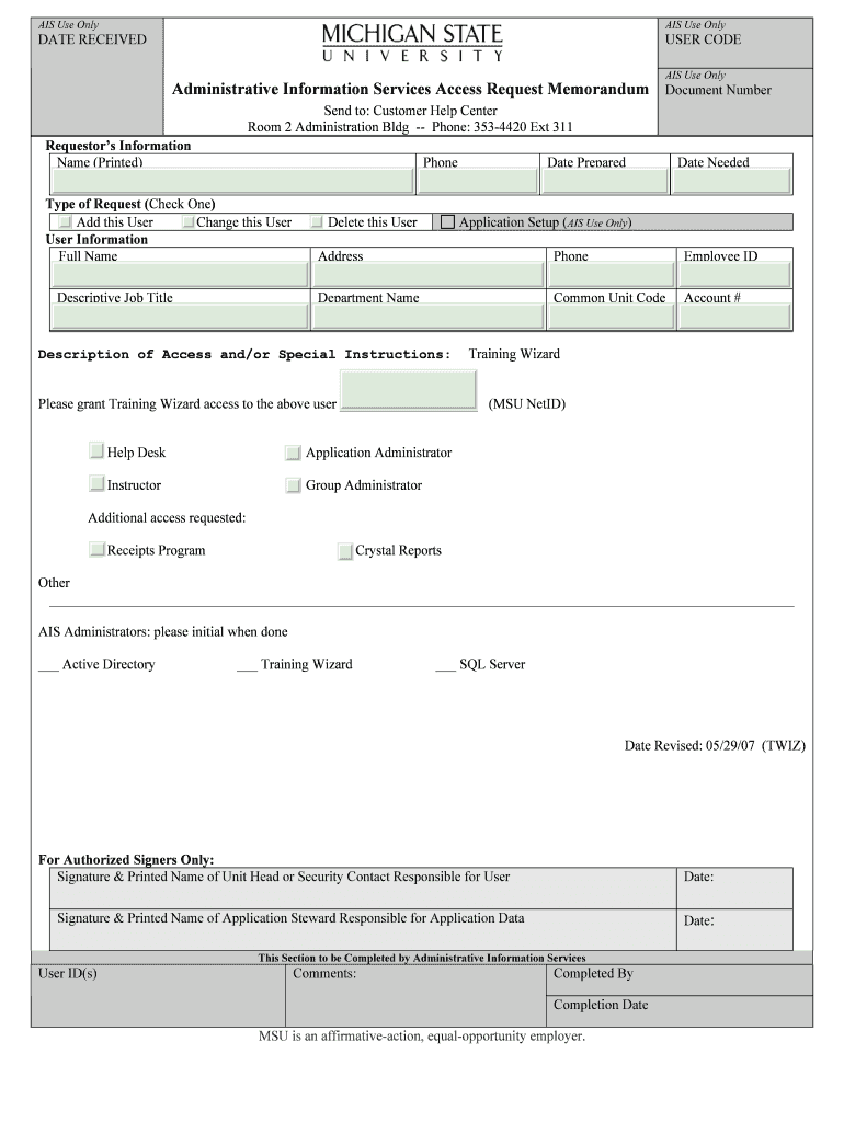Fillable Online aissecuritycontact ais msu Type of Request (Check One ...