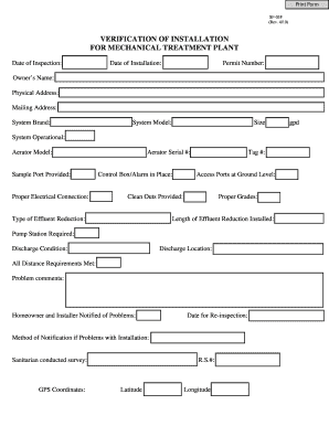 Fillable Online VERIFICATION OF INSTALLATION FOR MECHANICAL TREATMENT ...