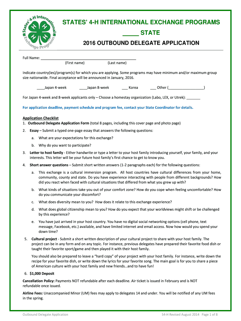 Fillable Online 4h missouri Outbound Delegate Application Fax Email ...