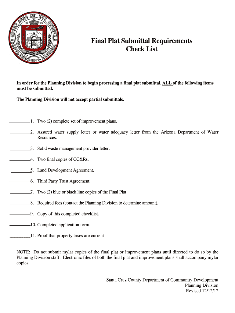Fillable Online co santa-cruz az Final Plat Submittal Requirements Check List Fax Email Print ...