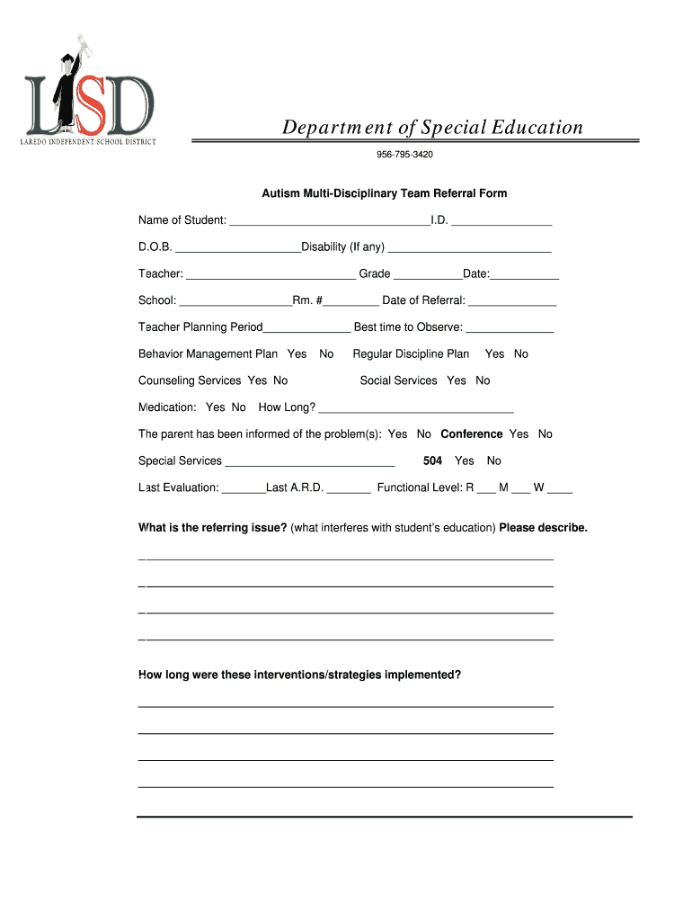 Fillable Online laredoisd Department of Special Education 9567953420 ...
