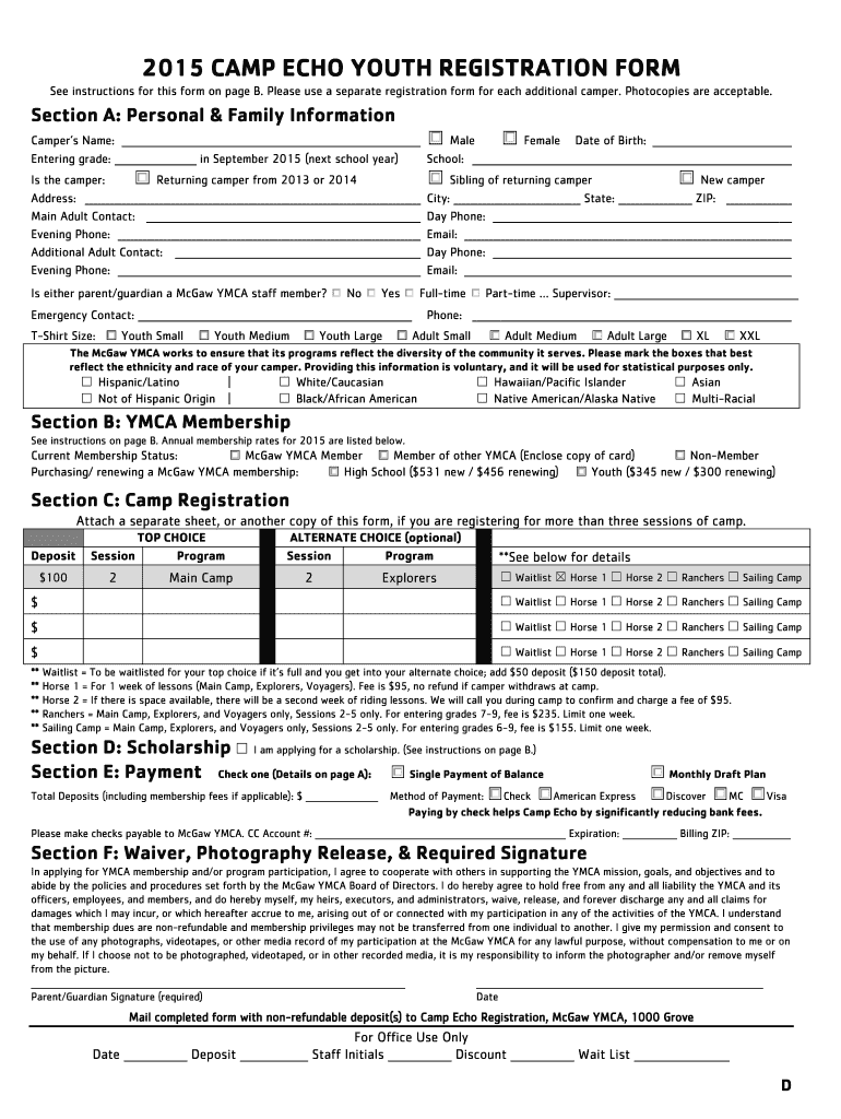 Fillable Online mcgawymca CAMP ECHO PAYMENT ENROLLMENT POLICIES Fax ...