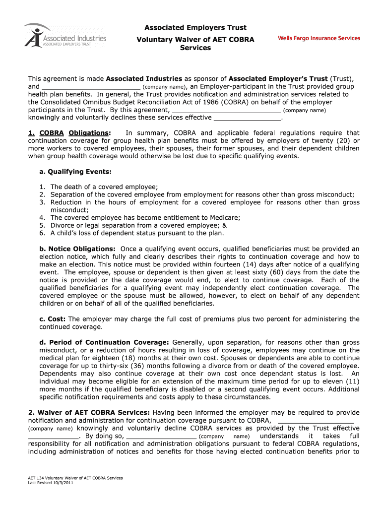 Fillable Online Voluntary Waiver of AET COBRA Fax Email Print - pdfFiller