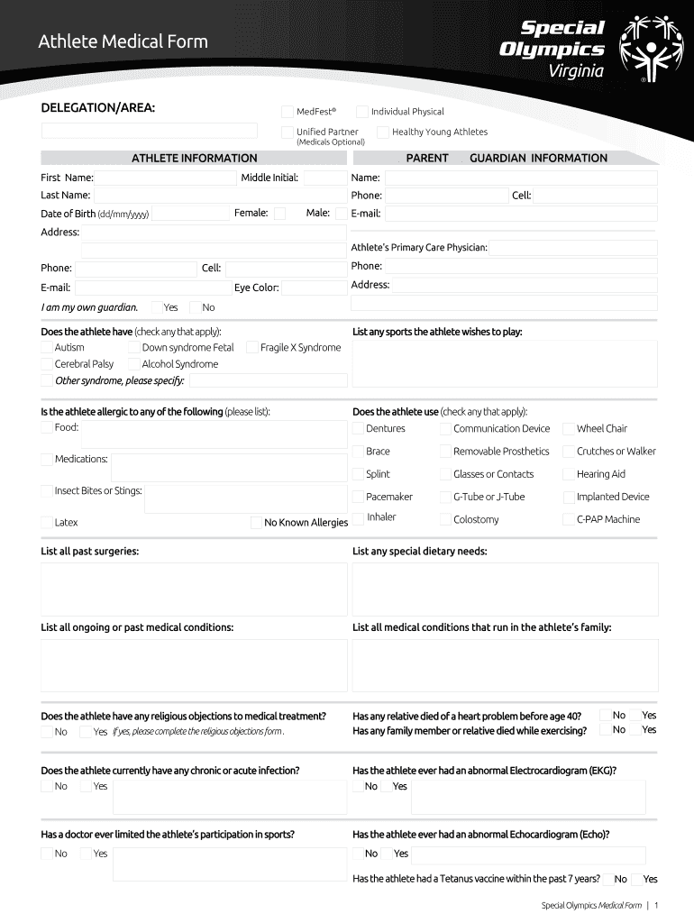 Fillable Online specialolympicsva Athlete Medical Form - Special ...