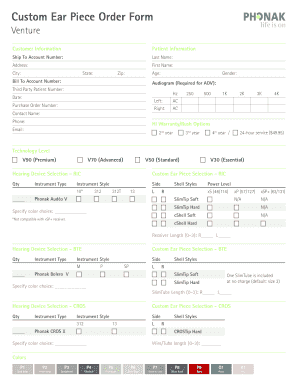 Fillable Online Custom Ear Piece Order Form Venture - Phonak Pro Fax ...