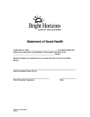Fillable Online Statement of Good Health - Bright Horizons Fax Email ...