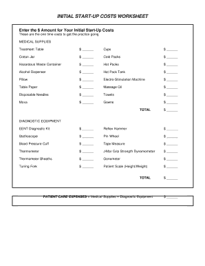 Fillable Online INITIAL START-UP COSTS WORKSHEET - The Supply Center ...