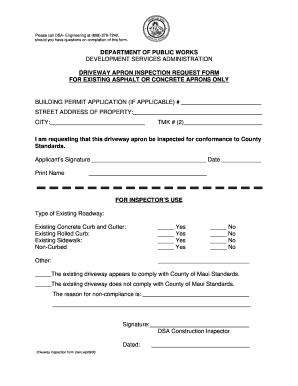 Fillable Online DRIVEWAY APRON INSPECTION REQUEST FORM FOR EXISTING Fax ...