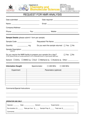 Fillable Online cbms mq edu REQUEST FOR NMR ANALYSIS - Macquarie University - cbms mq edu Fax ...