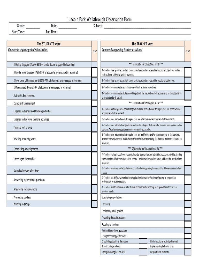 Fillable Online Lincoln Park Walkthrough Observation Form Fax Email ...